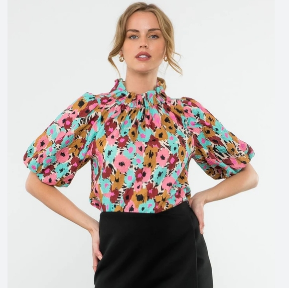 THML | Tops | Thml Anthropologie Puff Sleeve Multi Color Print Top ...